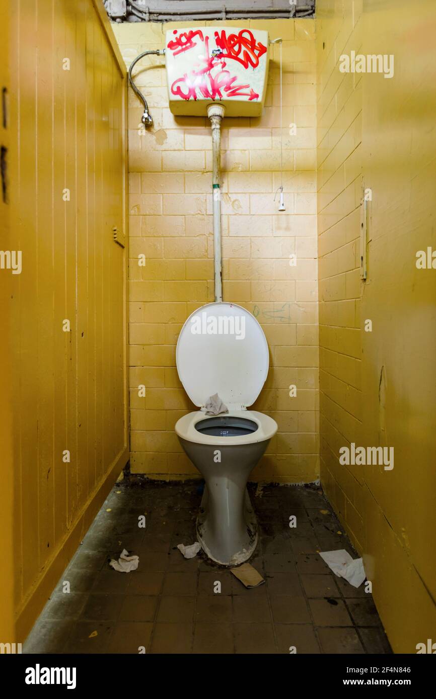 Trash bathroom whit yellow tile Stock Photo - Alamy