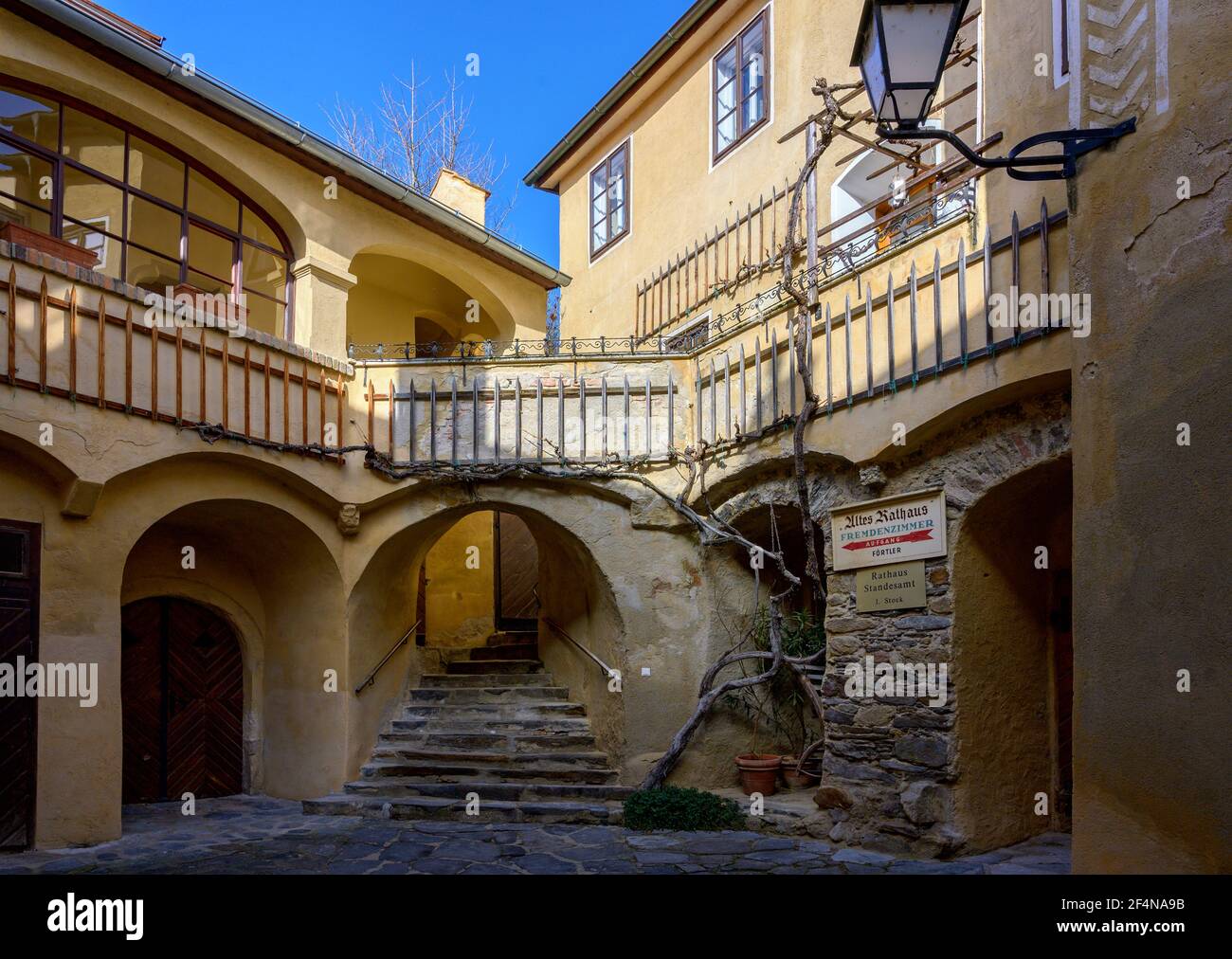 Inner yard of a traditional town house "old cityhall" at Duernstein ...