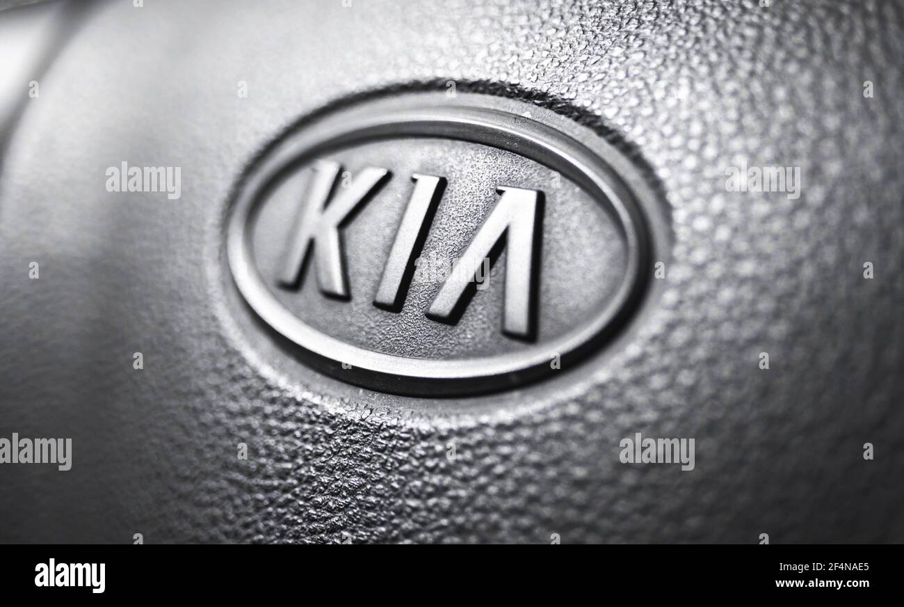 Kharkov, Ukraine - March 22, 2021: Close up of dashboard of KIA motors ...