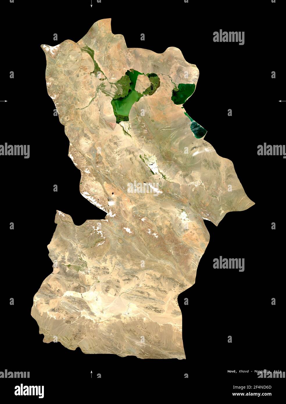 Hovd, province of Mongolia. Sentinel-2 satellite imagery. Shape isolated on black. Description ...