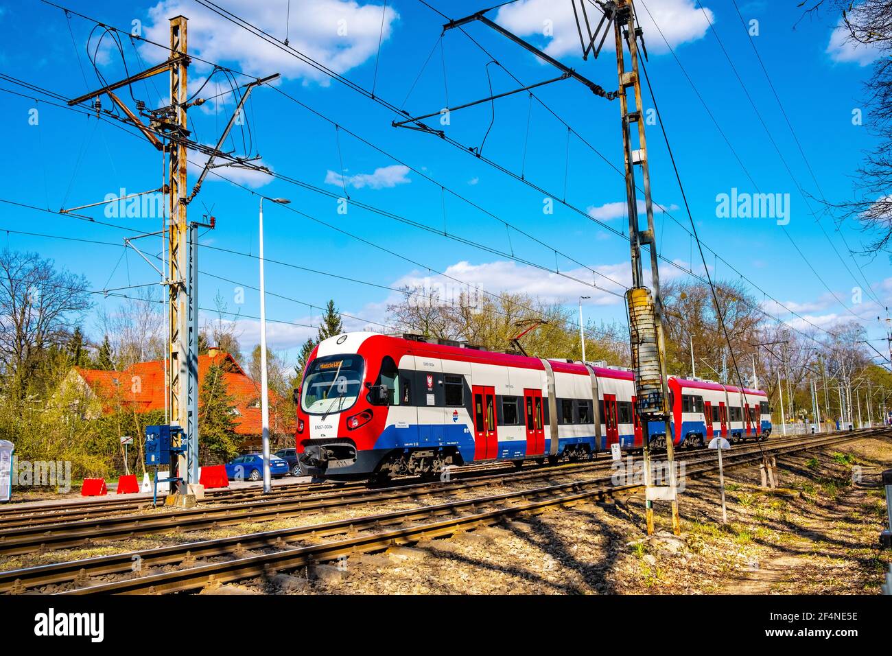 Podkowa Lesna, Poland - April 19, 2020: Train and trailway ...