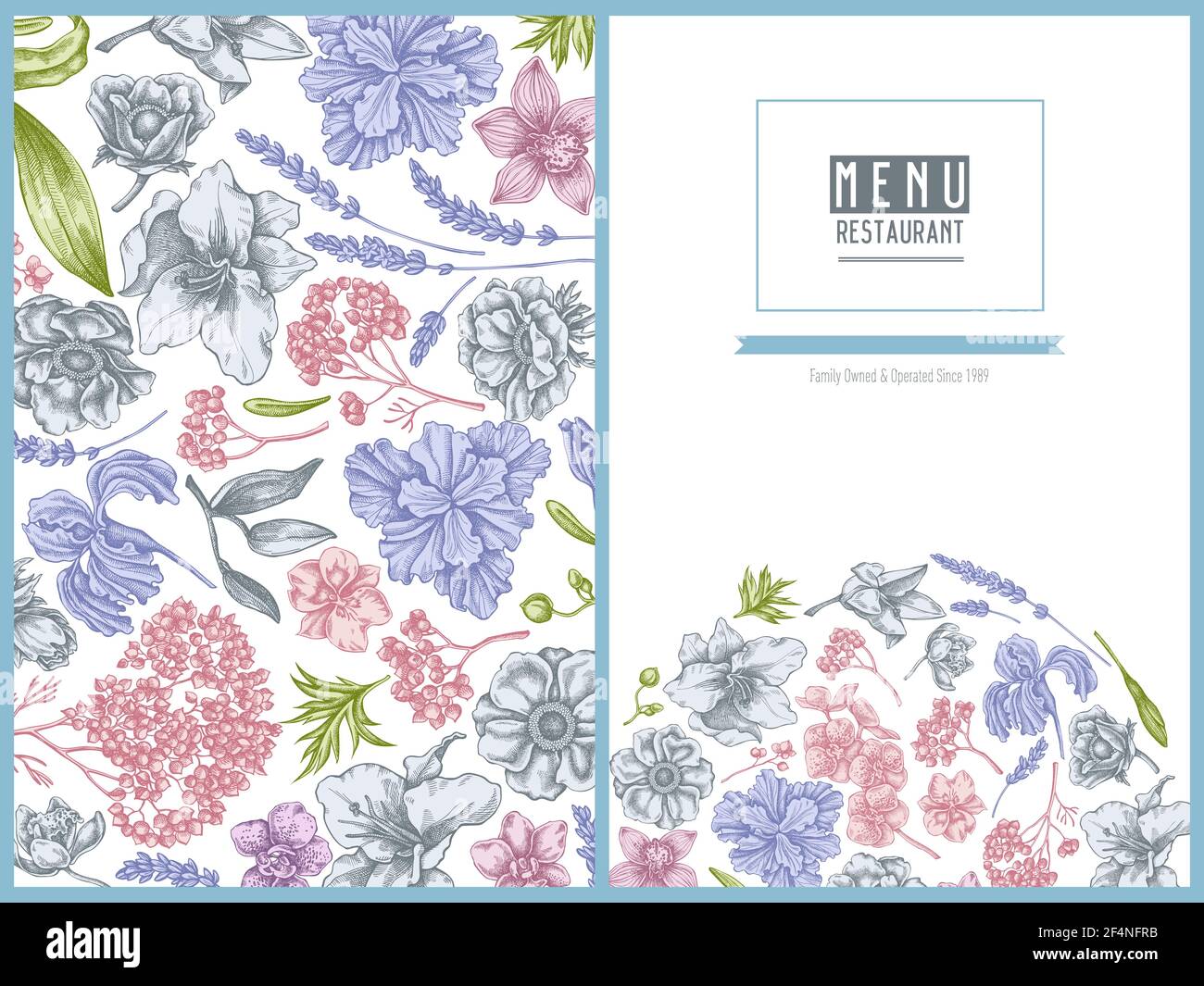 Menu cover floral design with pastel anemone, lavender, rosemary ...