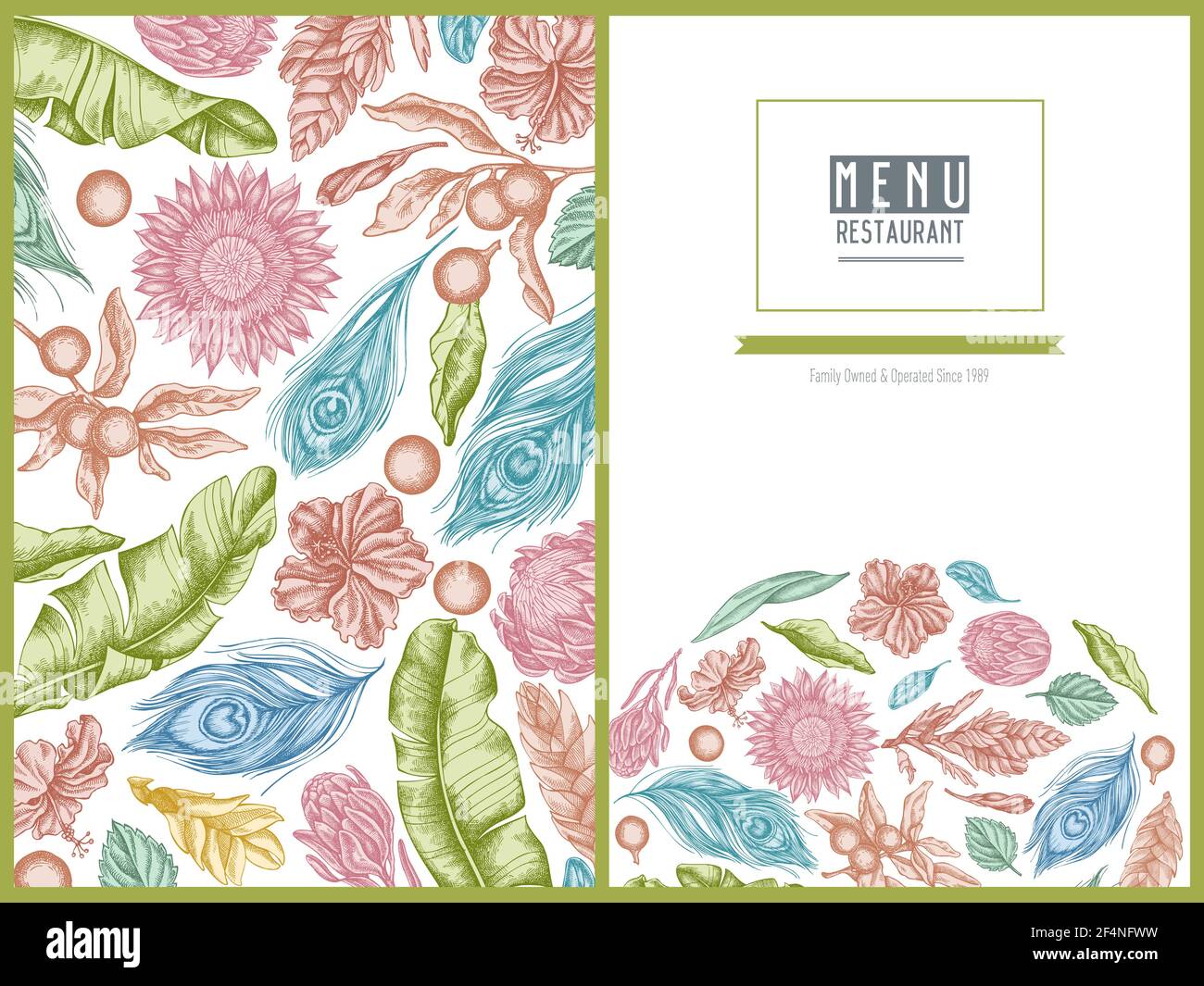 Menu cover floral design with pastel banana palm leaves, hibiscus ...