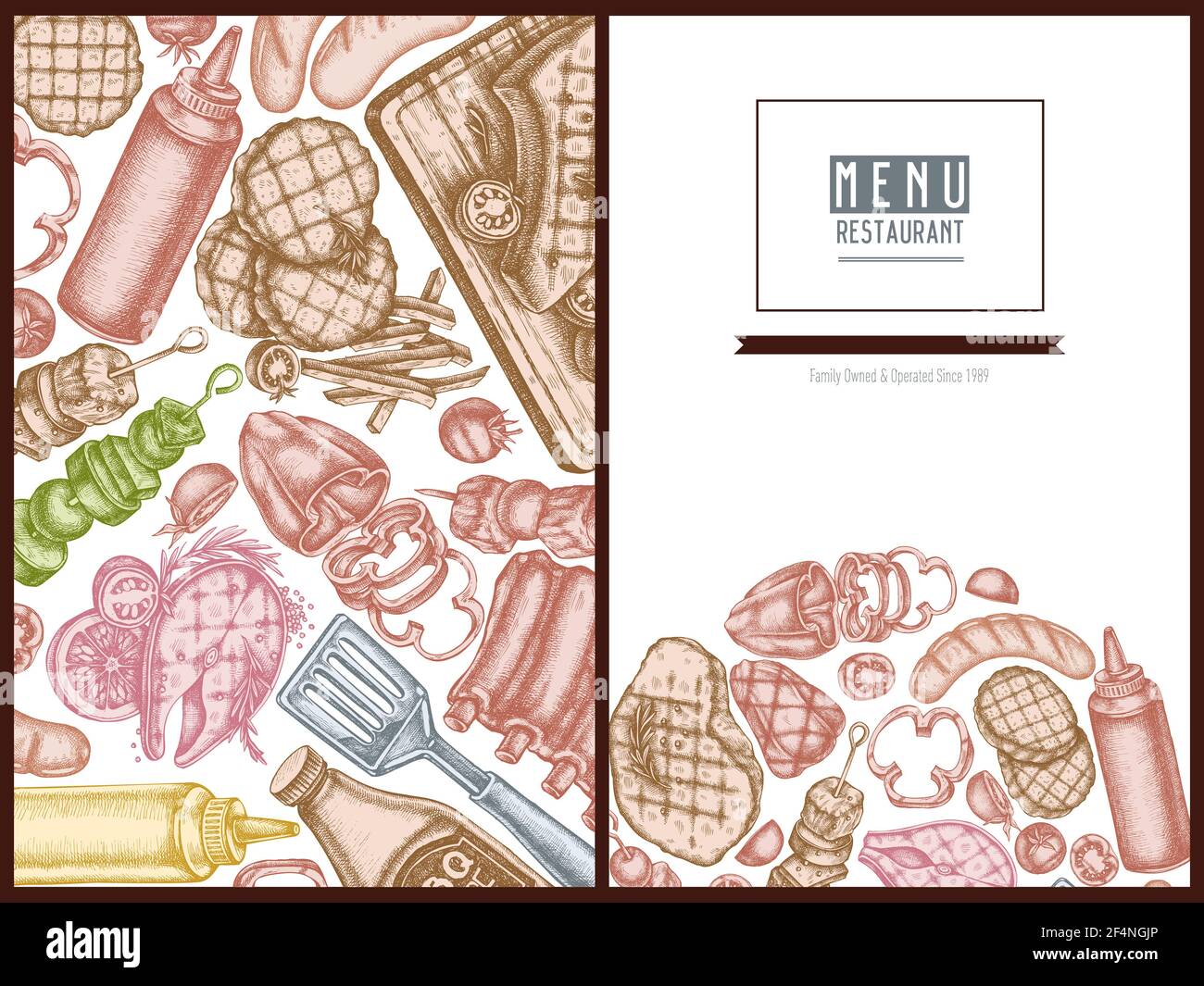 Menu cover design with pastel spatula, Pork ribs, kebab, sausages ...