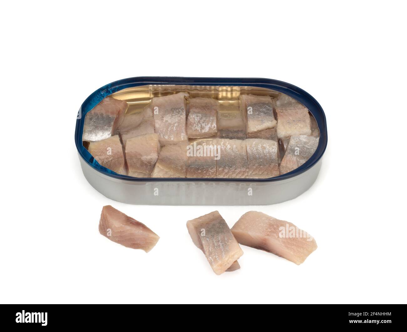 Opened tin of canned fish on white background Stock Photo - Alamy