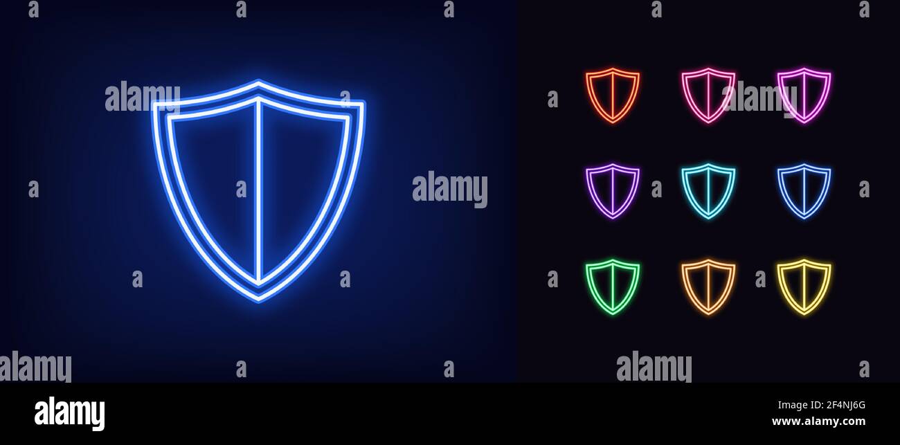 Neon shield icon. Glowing neon shield sign, outline guard symbol in ...