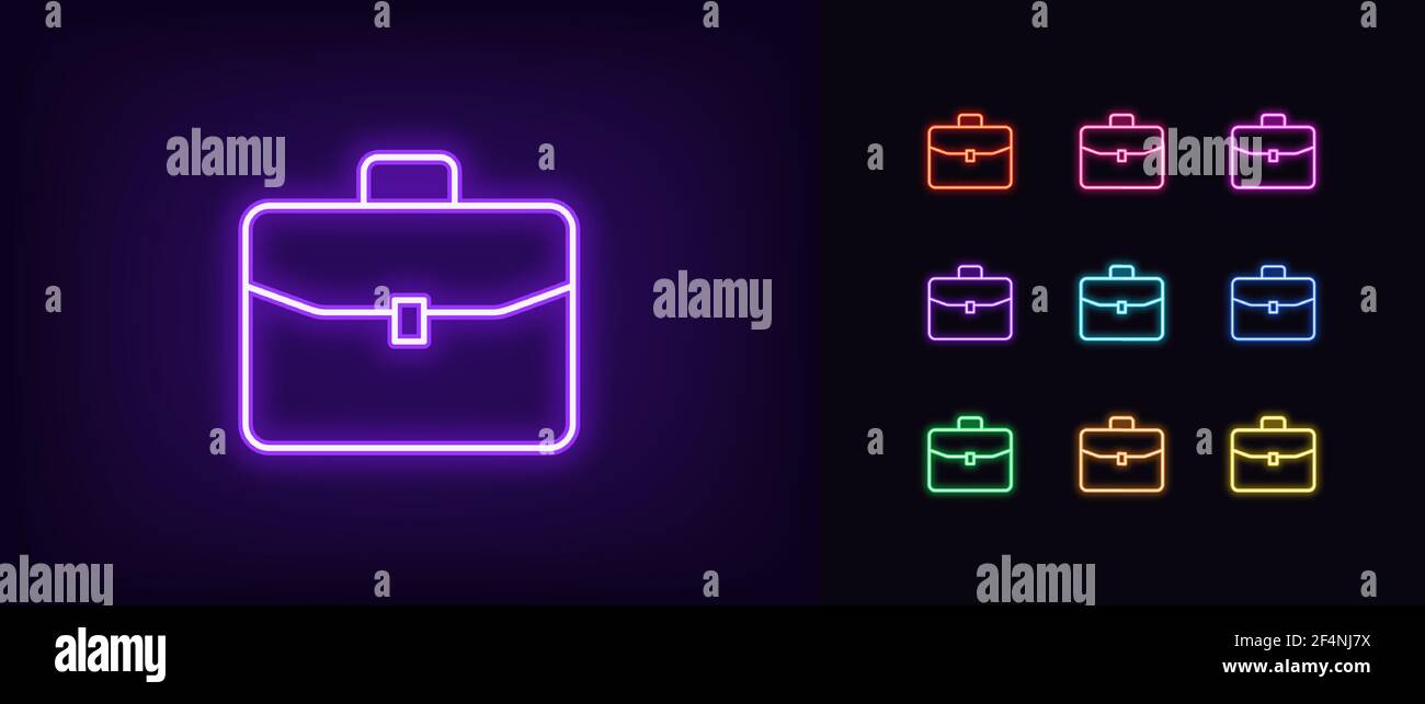 Neon briefcase icon. Glowing neon briefcase sign, outline suitcase in ...