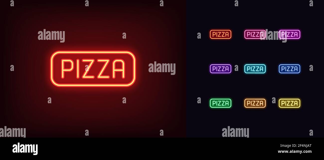 Neon pizza icon. Glowing neon pizza sign, outline text signboard in ...