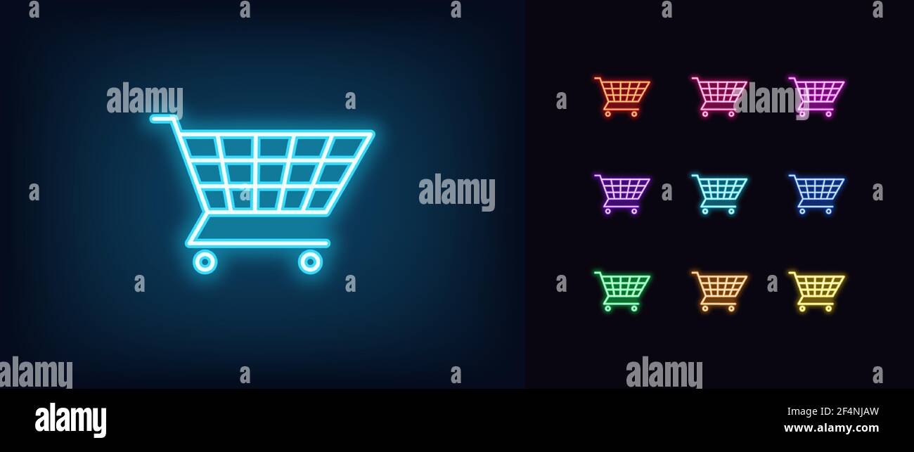 Neon shopping cart icon. Glowing neon trolley basket sign, outline shop ...