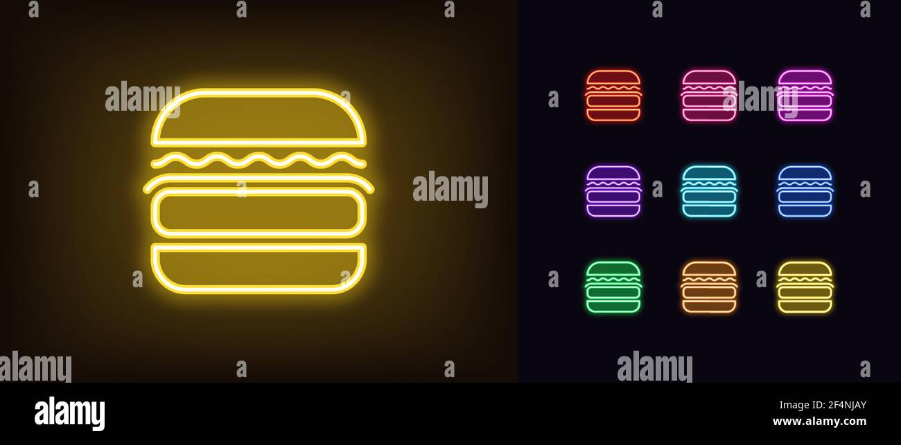 Neon burger icon. Glowing neon hamburger sign, outline cheeseburger ...