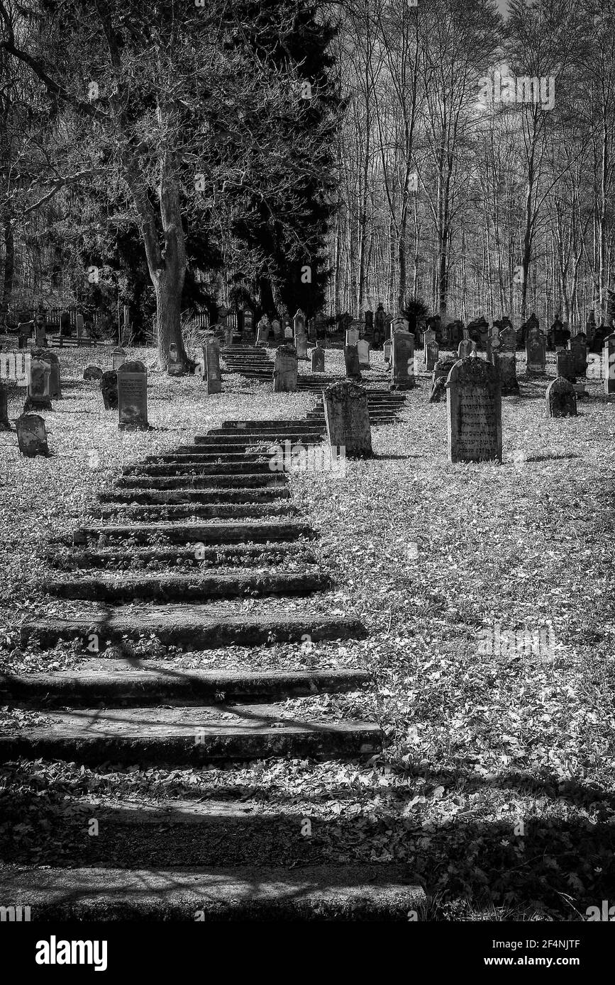 Vertical grayscale shot of a path through a cemetery Stock Photo - Alamy