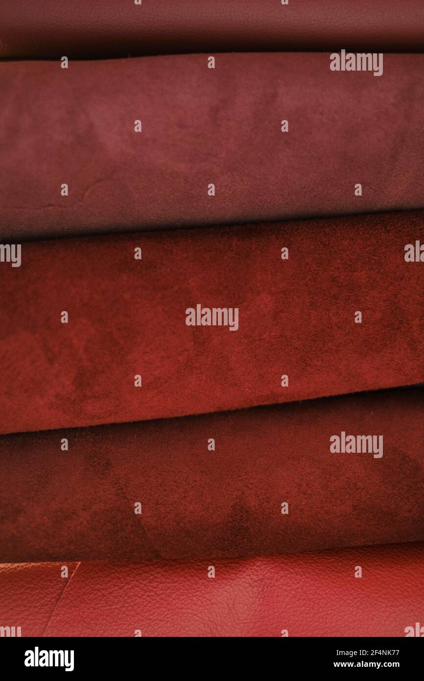Genuine leather texture.Red leather and suede in rolls set ...