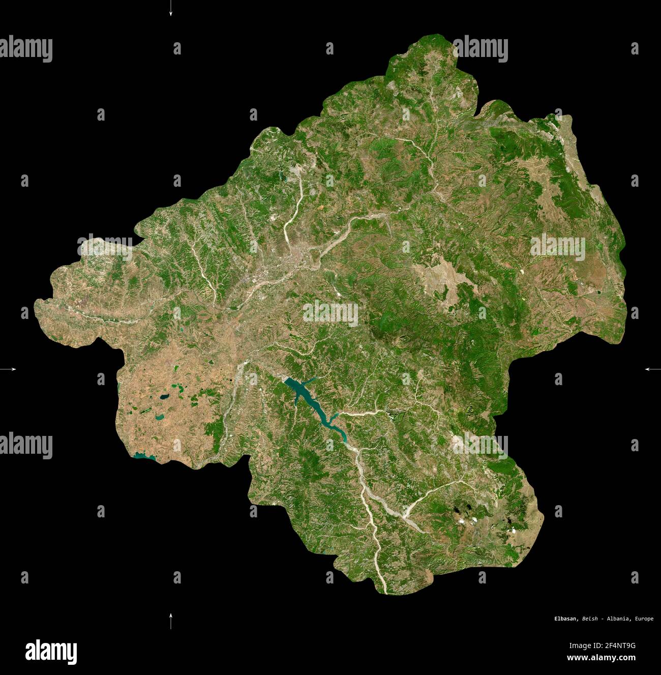 Elbasan, county of Albania. Sentinel-2 satellite imagery. Shape isolated on black. Description ...