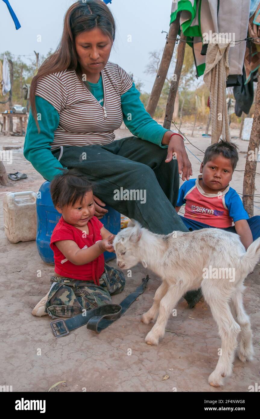 Chaco Province. Argentine. 15-01-2019. Indigenous mother and two ...