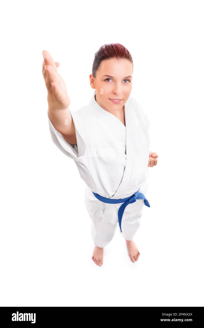 Top-down full body portrait of a beautiful young female fighter in ...