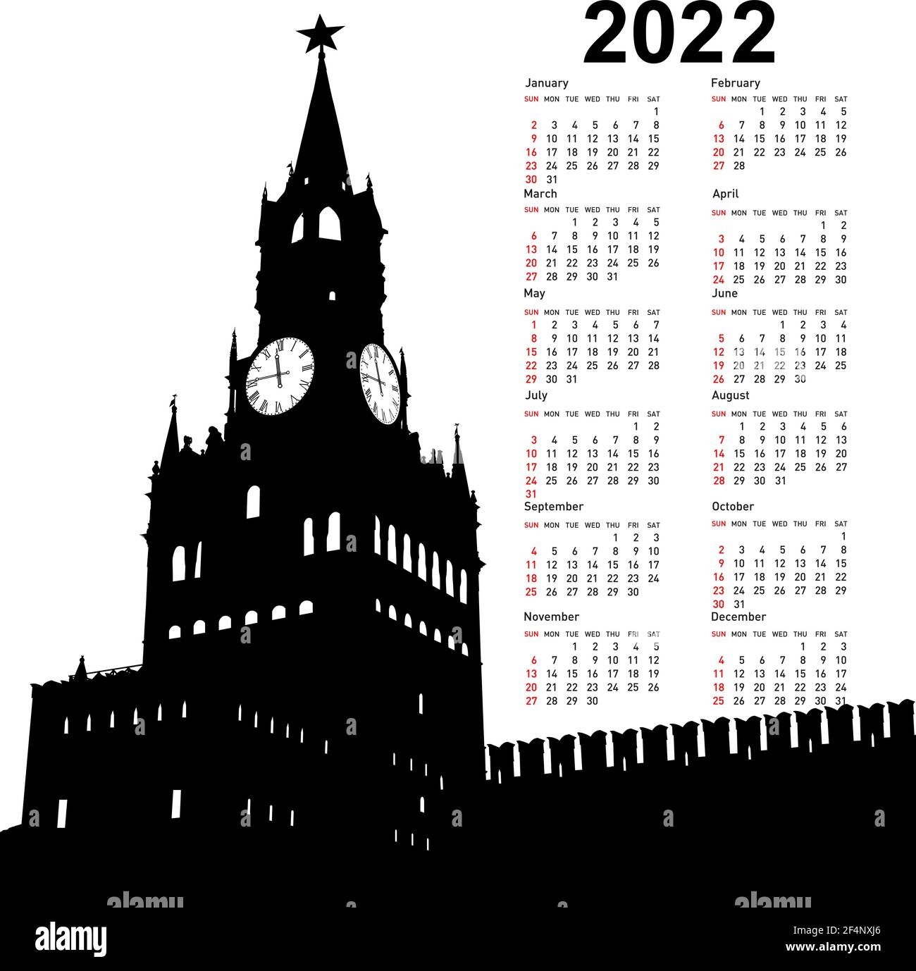 Stylish calendar with Moscow, Russia, Kremlin Spasskaya Tower with ...