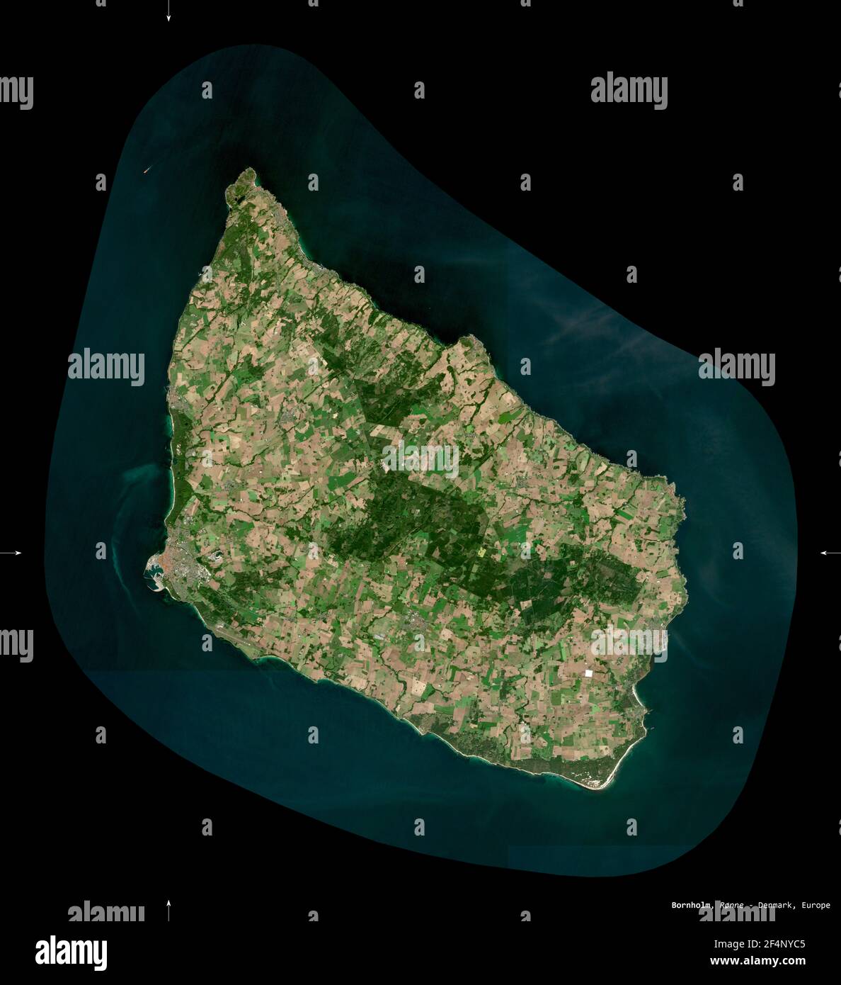 Bornholm, island of Denmark. Sentinel-2 satellite imagery. Shape isolated on black. Description ...