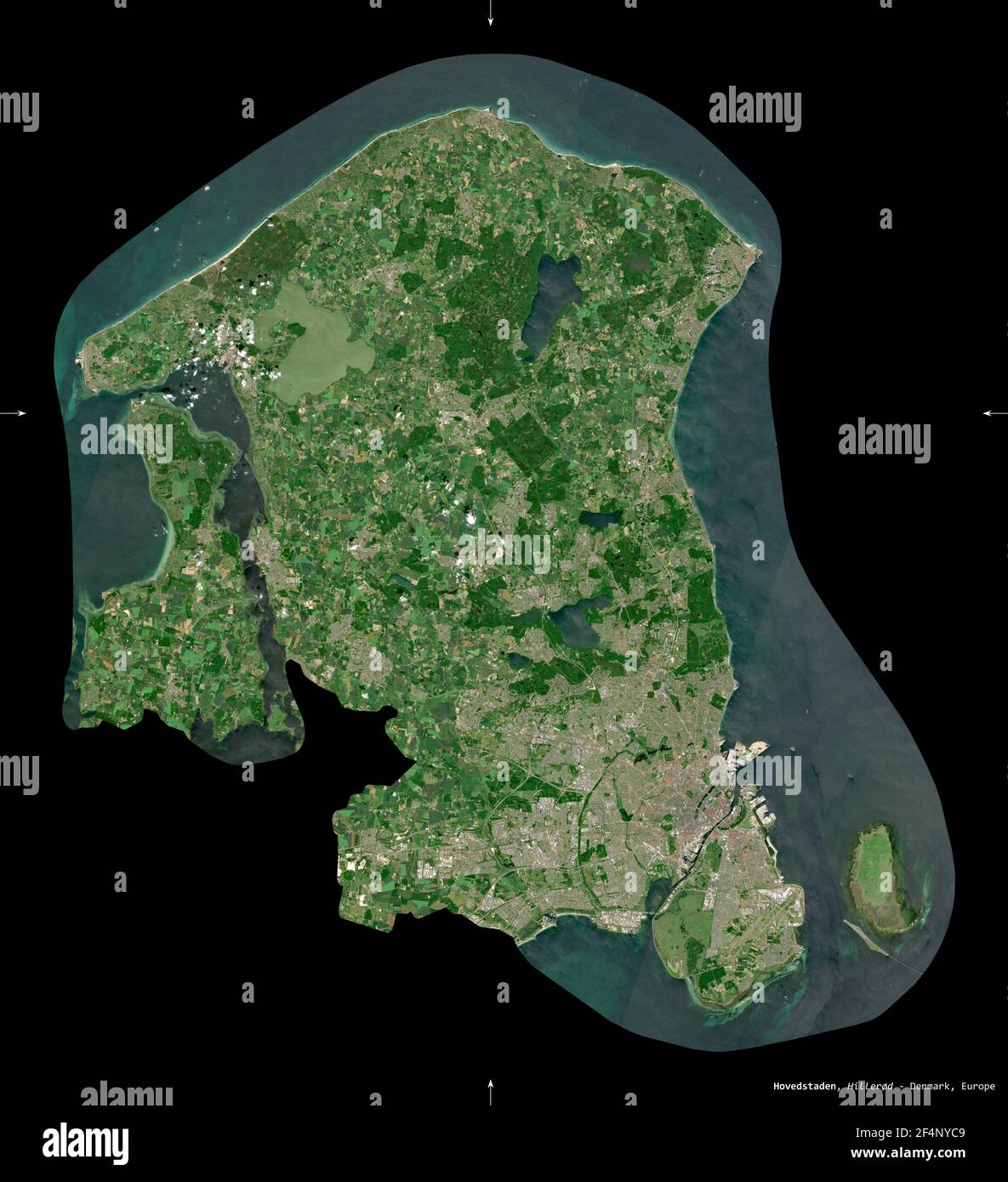 Hovedstaden, region of Denmark. Sentinel-2 satellite imagery. Shape isolated on black ...