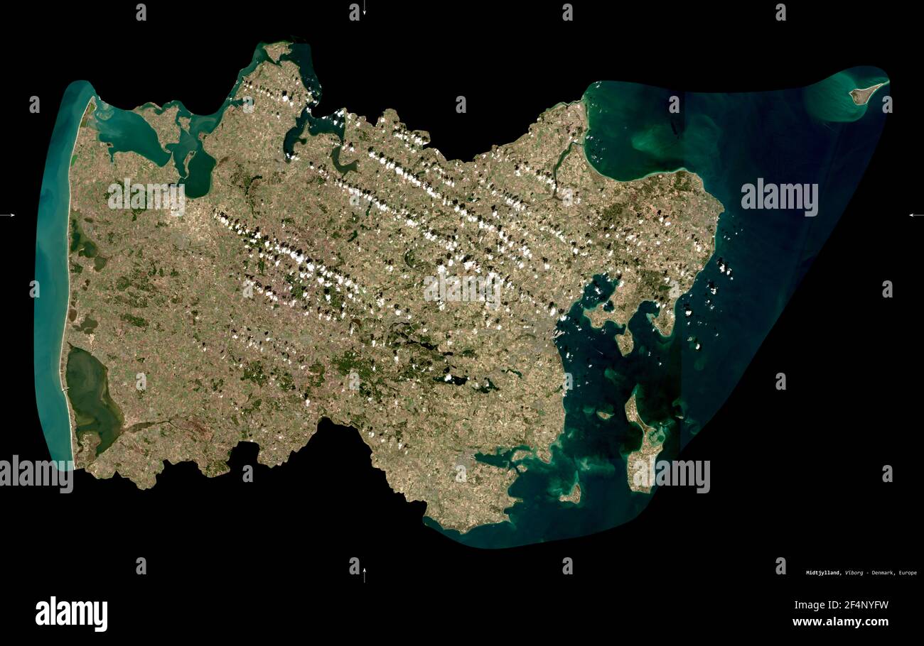 Midtjylland, region of Denmark. Sentinel-2 satellite imagery. Shape isolated on black ...