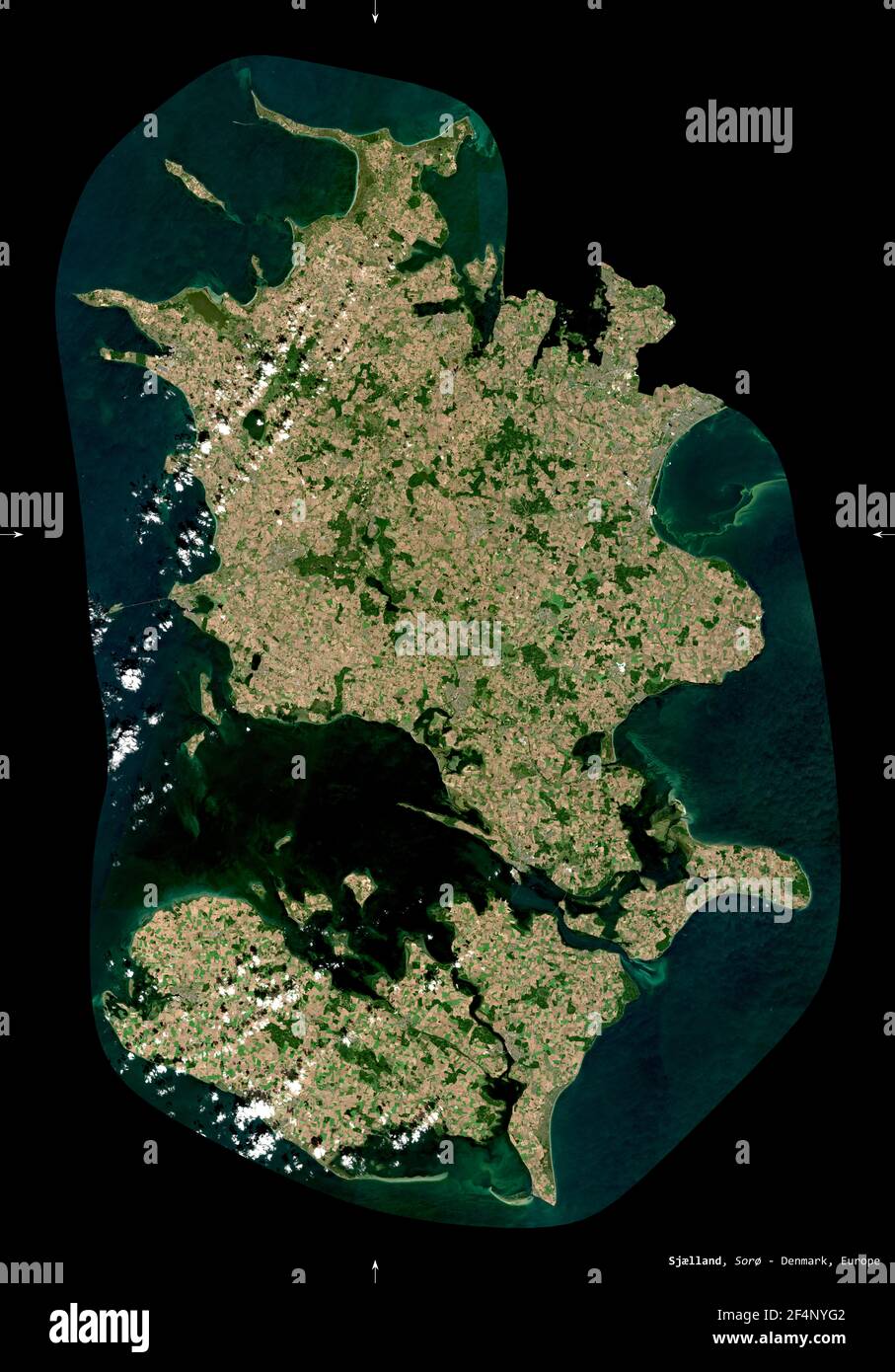 Sjlland, region of Denmark. Sentinel-2 satellite imagery. Shape isolated on black. Description ...