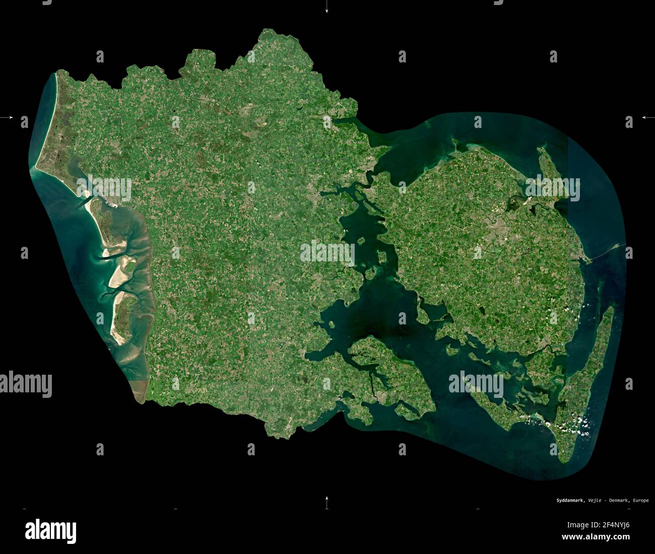 Syddanmark, region of Denmark. Sentinel-2 satellite imagery. Shape isolated on black ...