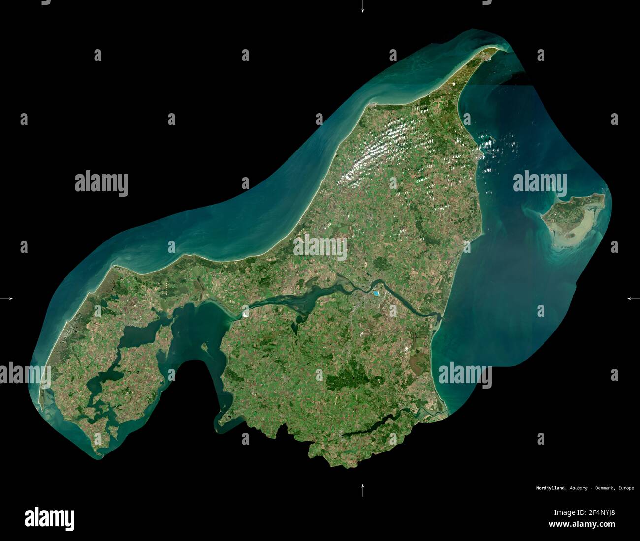 Nordjylland, region of Denmark. Sentinel-2 satellite imagery. Shape isolated on black ...