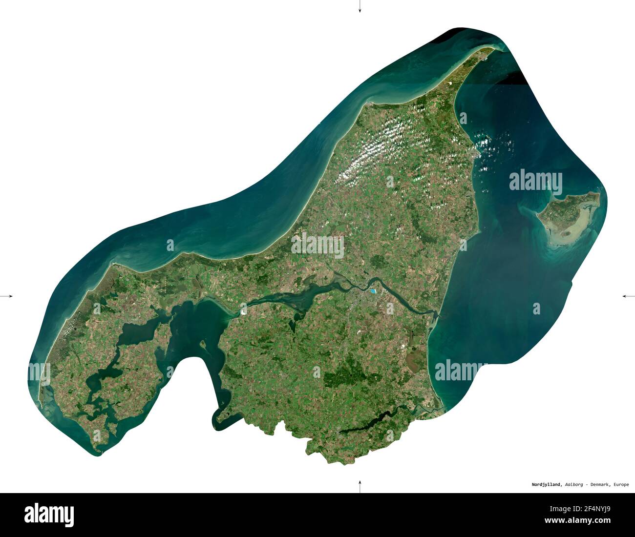Nordjylland, region of Denmark. Sentinel-2 satellite imagery. Shape isolated on white ...