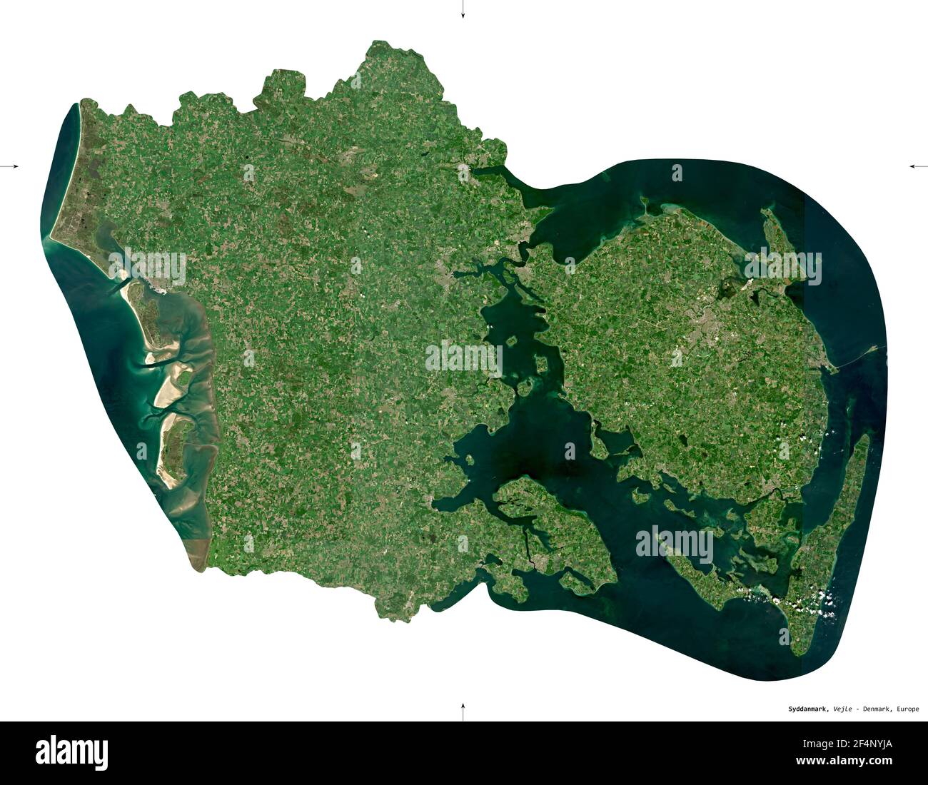 Syddanmark, region of Denmark. Sentinel-2 satellite imagery. Shape isolated on white ...