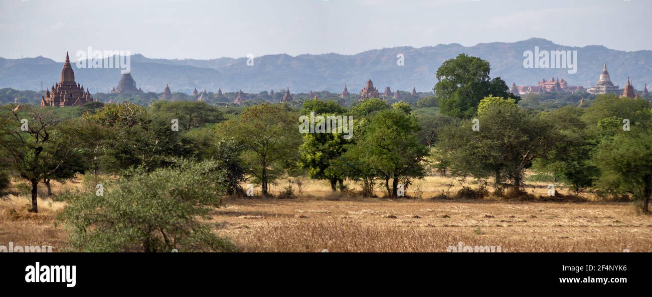 BAGAN, NYAUNG-U, MYANMAR - 3 JANUARY 2020: The top of old and ...
