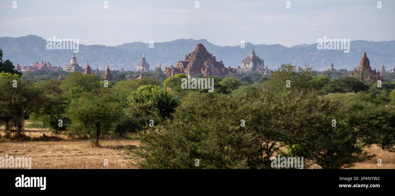 BAGAN, NYAUNG-U, MYANMAR - 3 JANUARY 2020: The top of old and ...