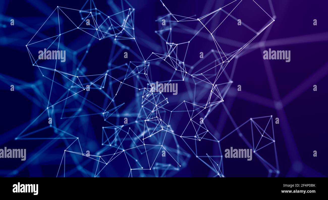 Abstract geometric plexus background in blue and purple with triangular cells connecting dots ...