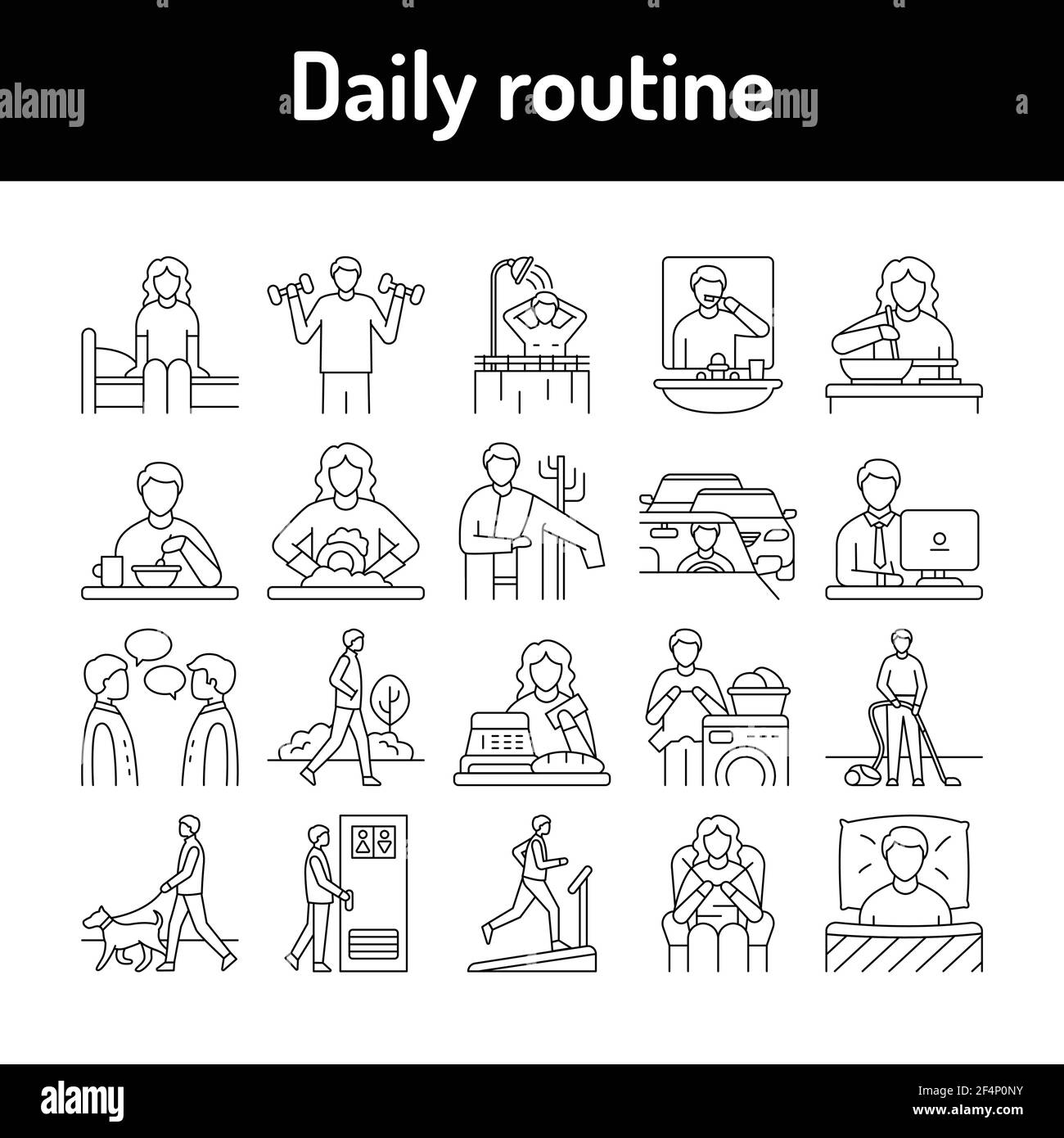 Everyday routine line icons set. Isolated vector element. Outline ...