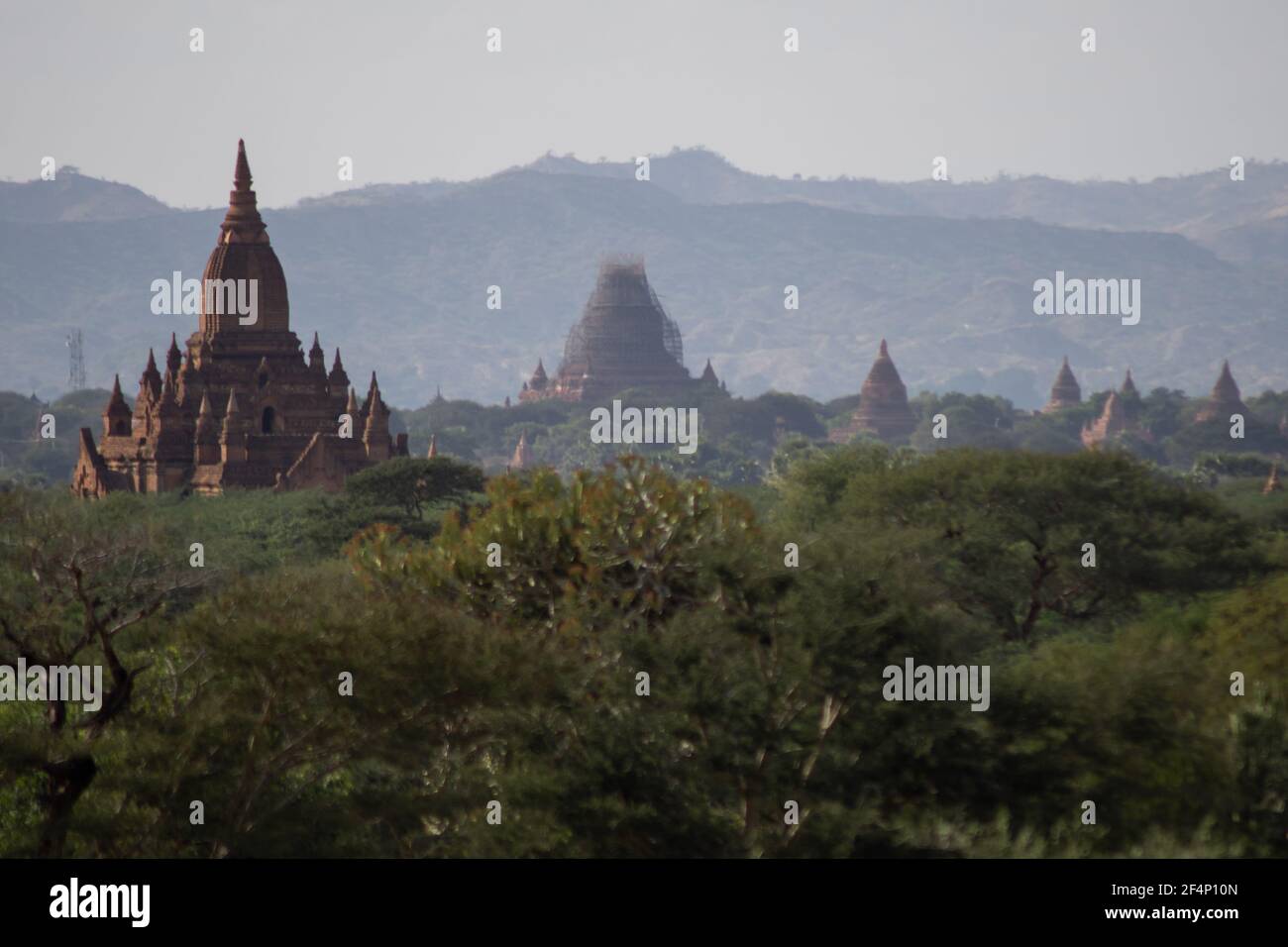 BAGAN, NYAUNG-U, MYANMAR - 3 JANUARY 2020: The top of old and ...