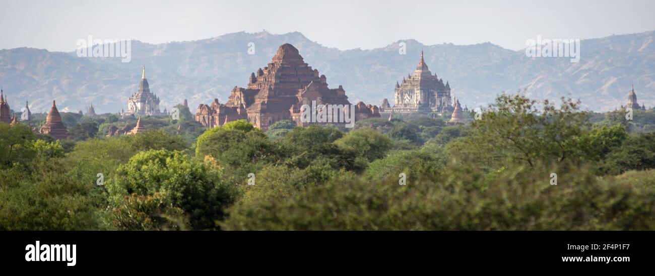 BAGAN, NYAUNG-U, MYANMAR - 3 JANUARY 2020: The top of old and ...