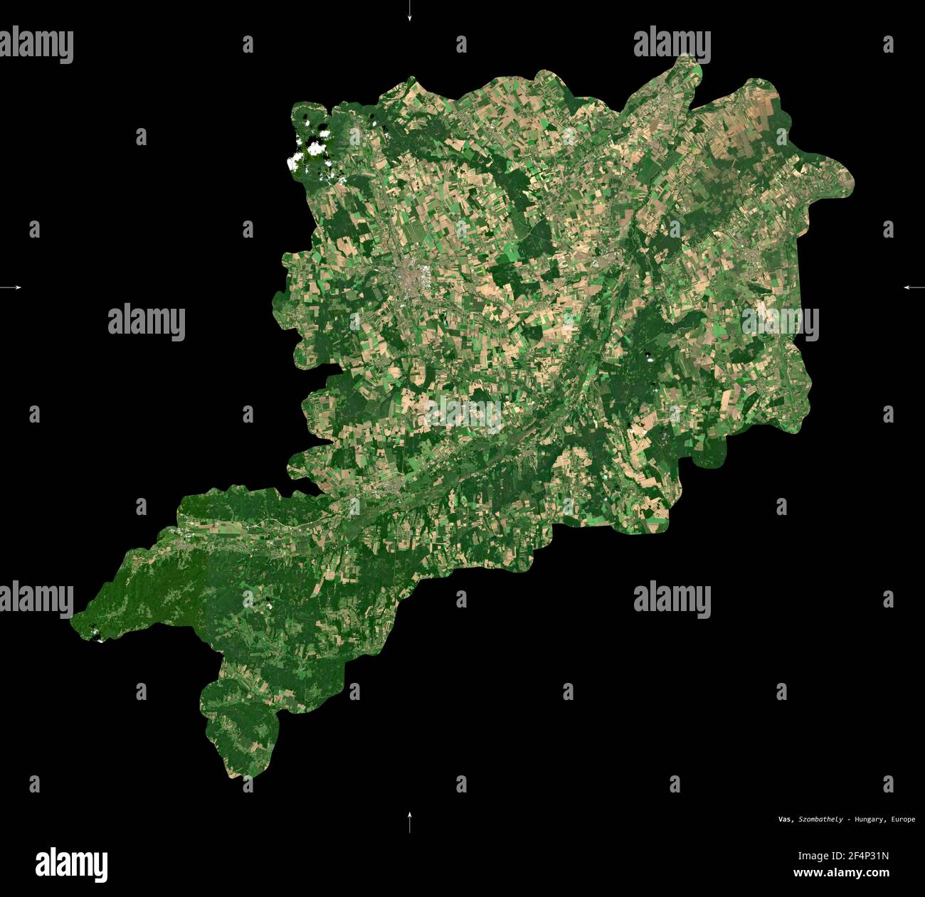 Vas, county of Hungary. Sentinel-2 satellite imagery. Shape isolated on ...