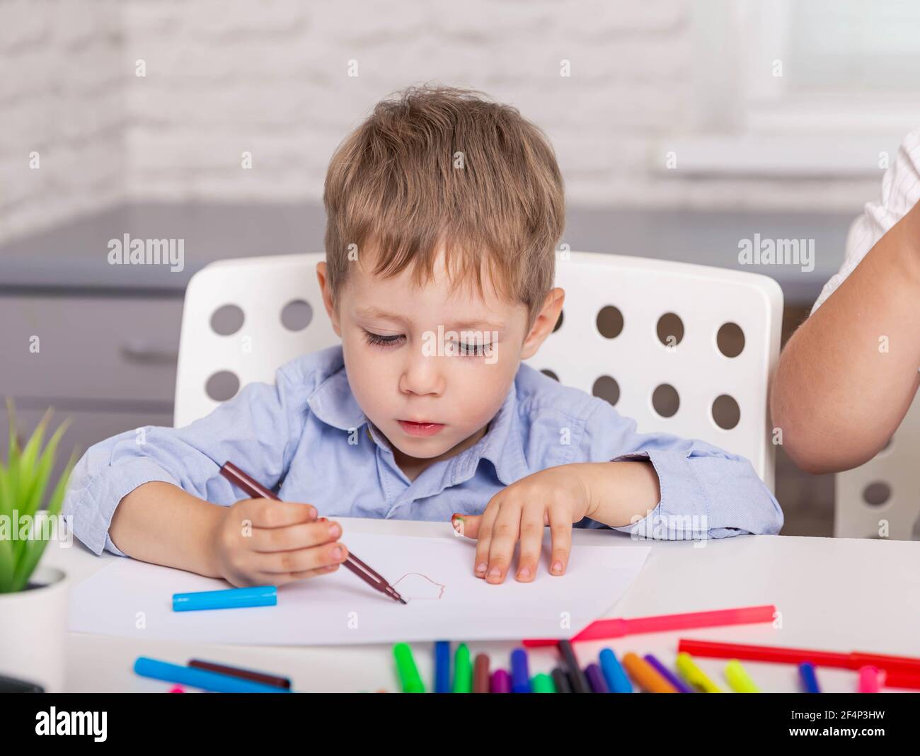 Beautiful boy drawing picture with pencil in class. Concentrated boy ...
