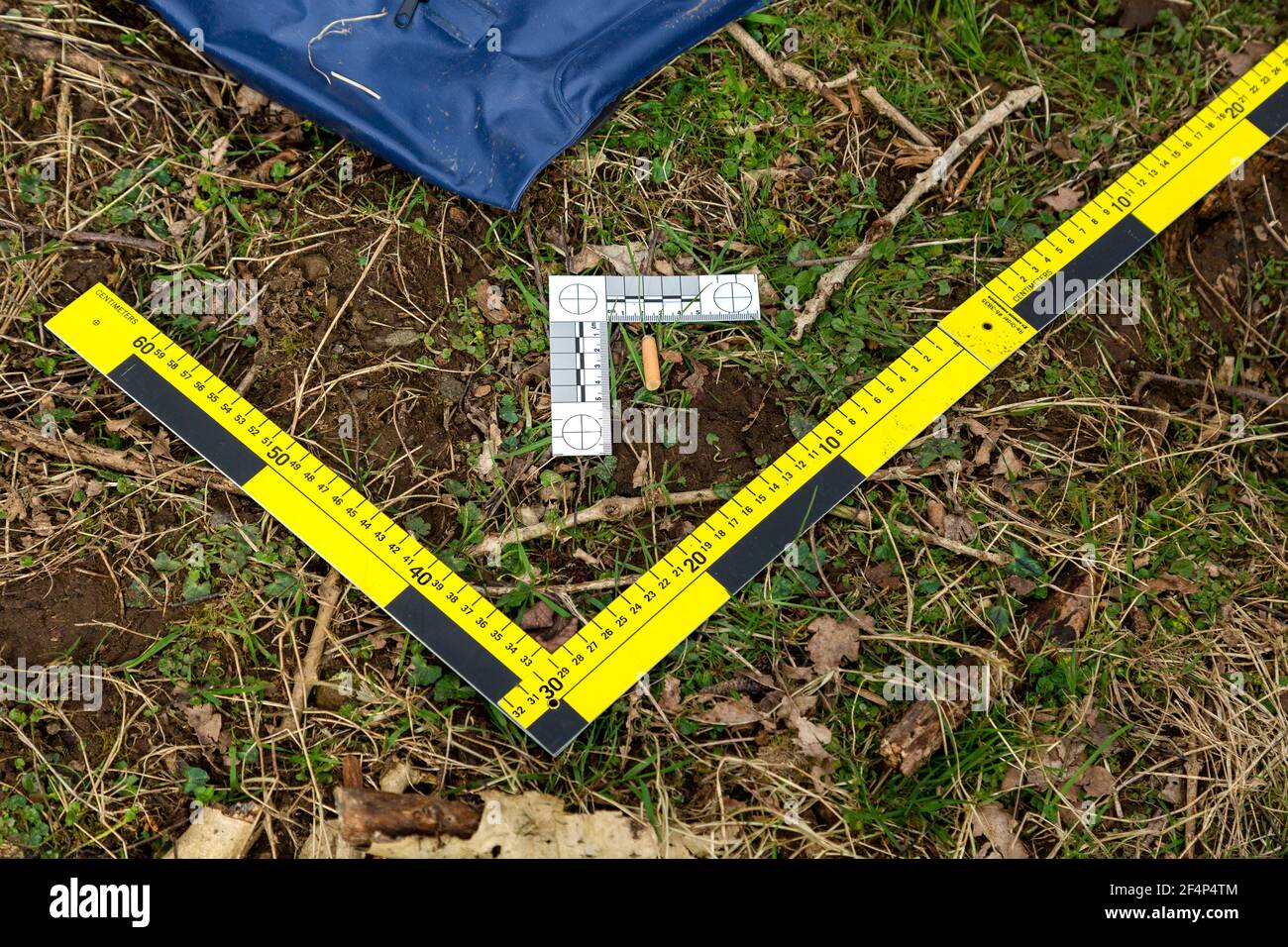 Police and forensic measuring tools used at a crime scene in a forest ...