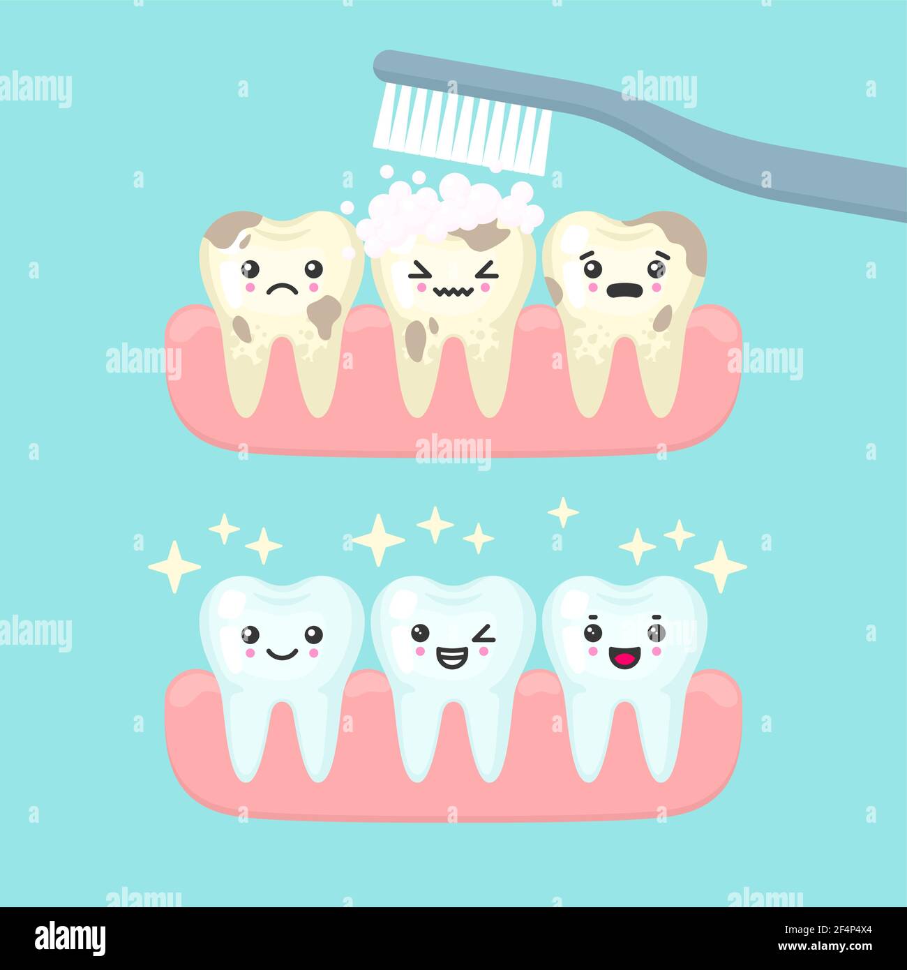 Tooth cleaning and brushing stomatology concept, cute colorful teeth ...