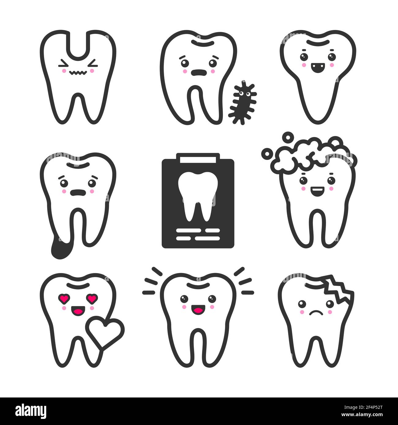 Cute teeth outline vector set with different emotions. Different tooth ...