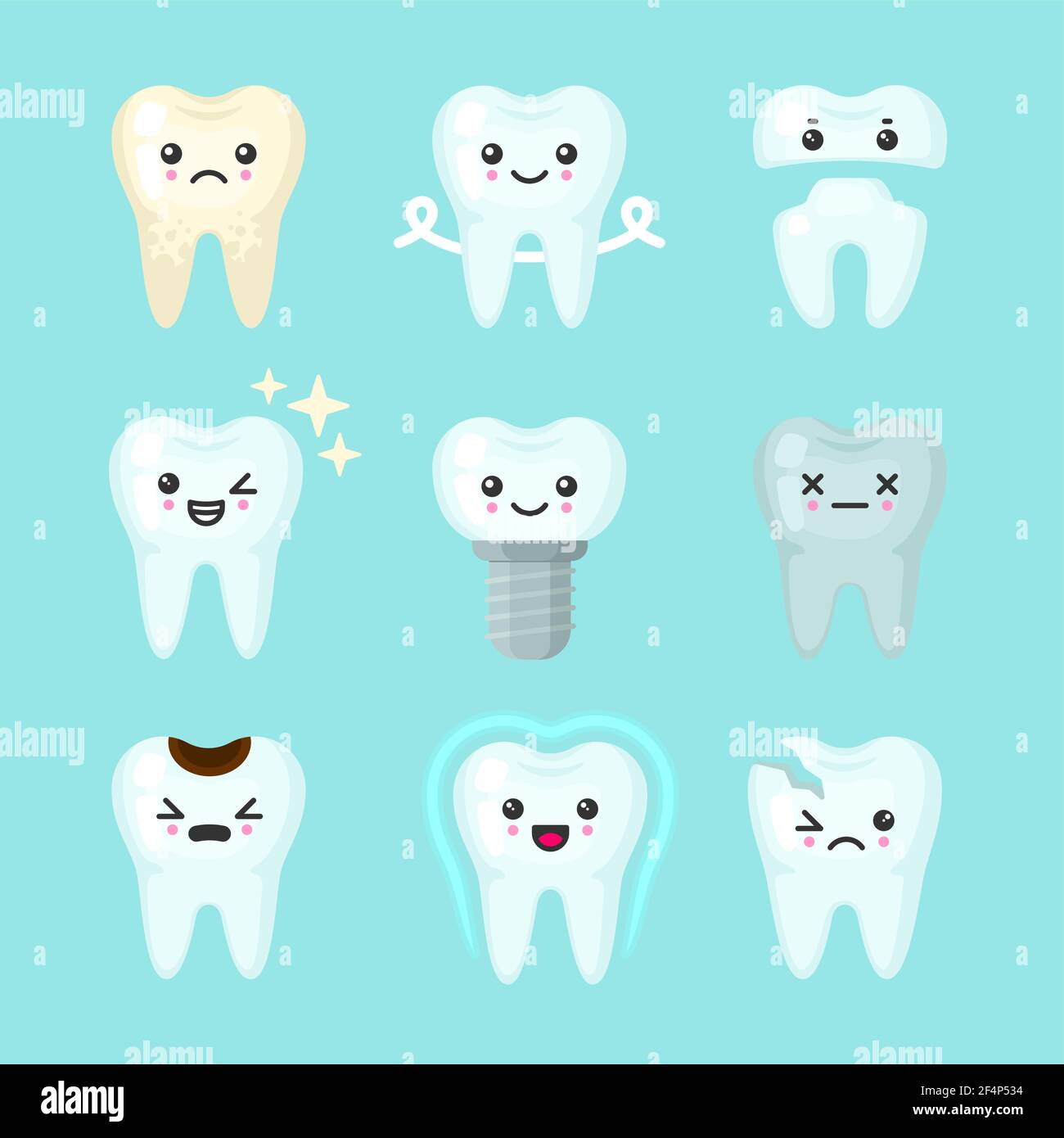 Cute teeth colorful vector set with different emotions. Different tooth ...