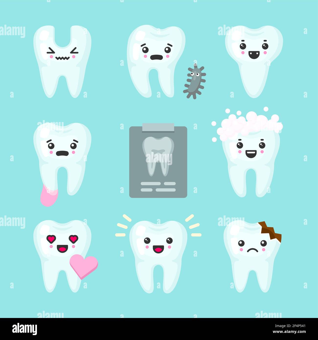 Cute teeth colorful vector set with different emotions. Different tooth ...