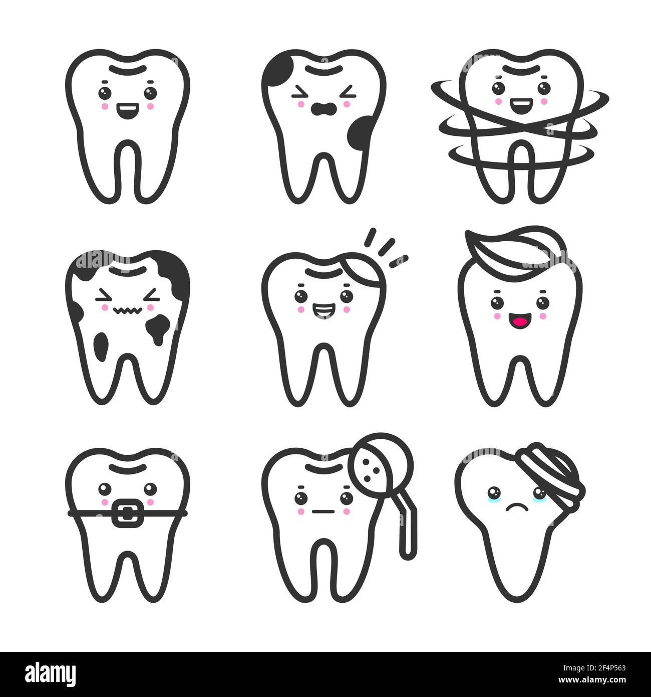 Cute teeth outline vector set with different emotions. Different tooth ...
