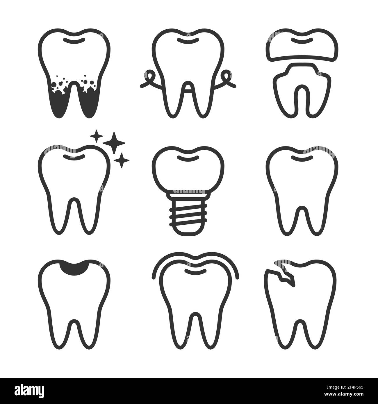 Cute teeth line style vector set with different tooth conditions Stock ...