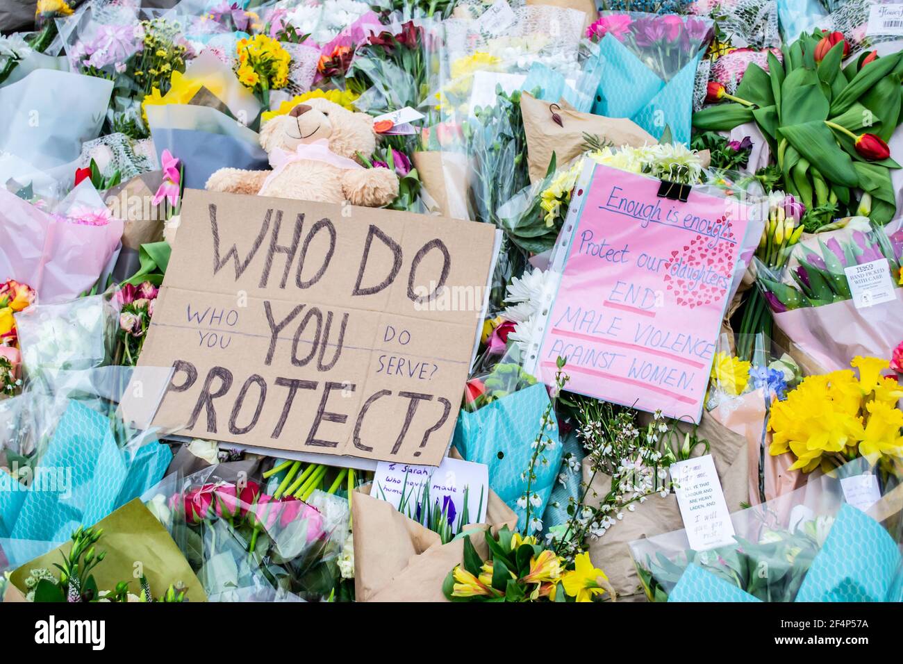 CLAPHAM, LONDON, ENGLAND- 16 March 2021: Flowers and tributes at ...