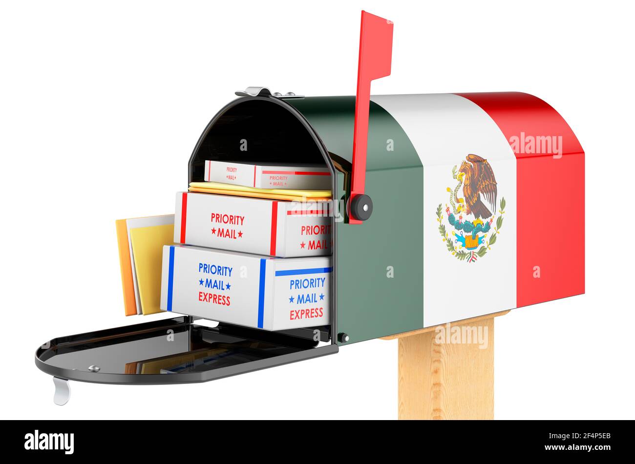 Mailbox with Mexican flag with parcels, envelopes inside. Shipping in Mexico, concept. 3D ...