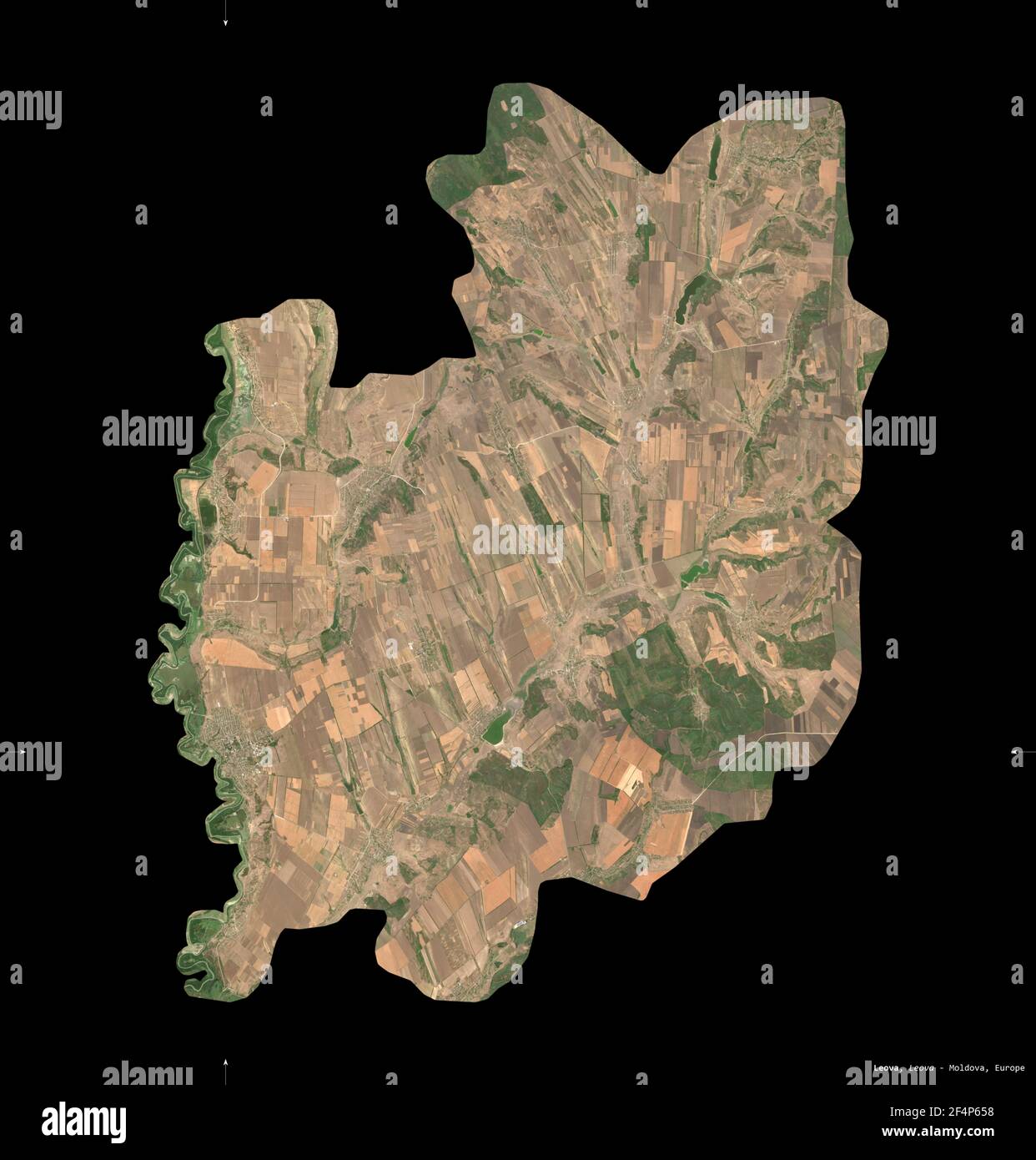 Leova, district of Moldova. Sentinel-2 satellite imagery. Shape isolated on black. Description ...