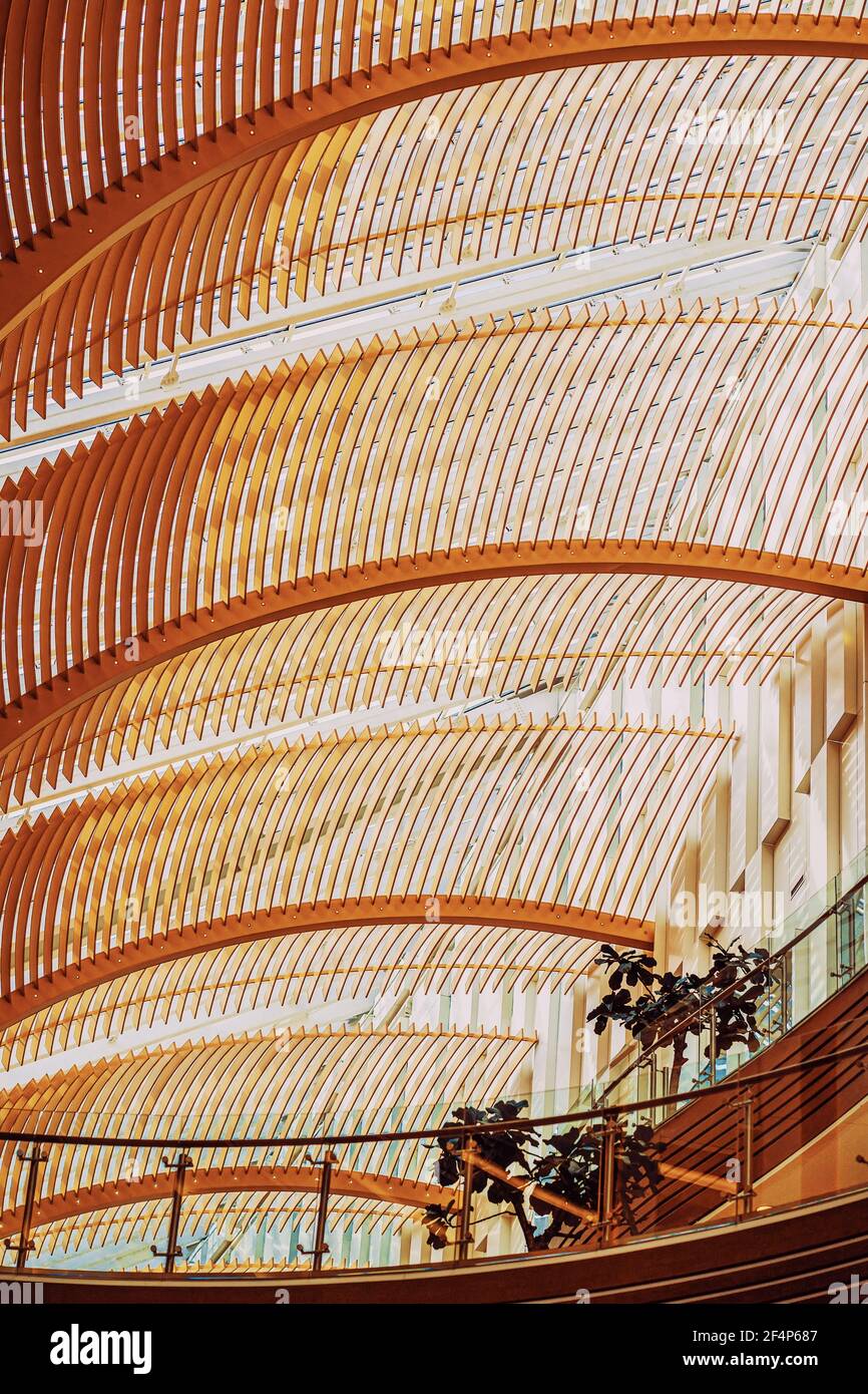 Glass and wood, ceiling of the building. Modern architecture, geometric ...