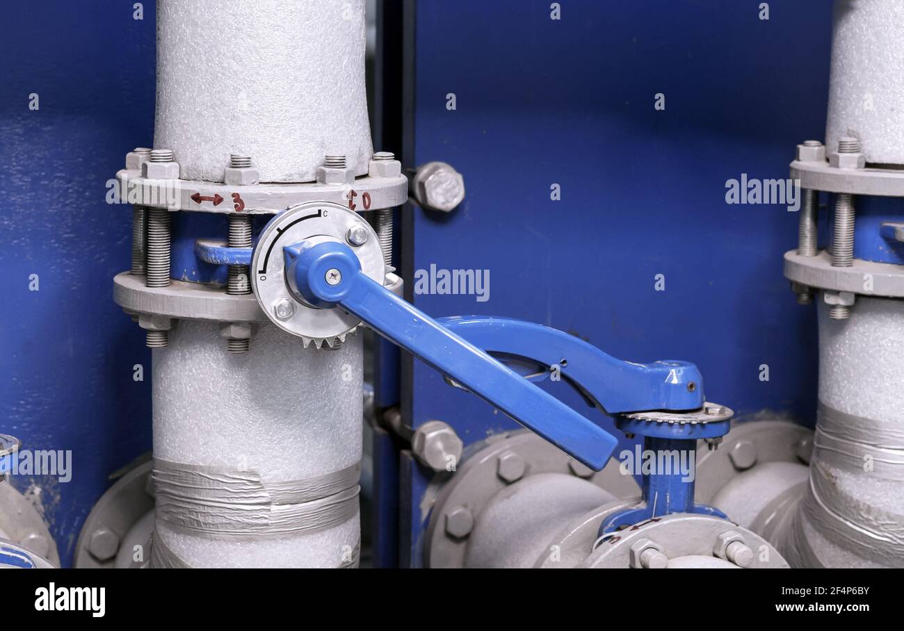 Gate valve on the pipeline of a gas boiler room. Gas boiler house ...