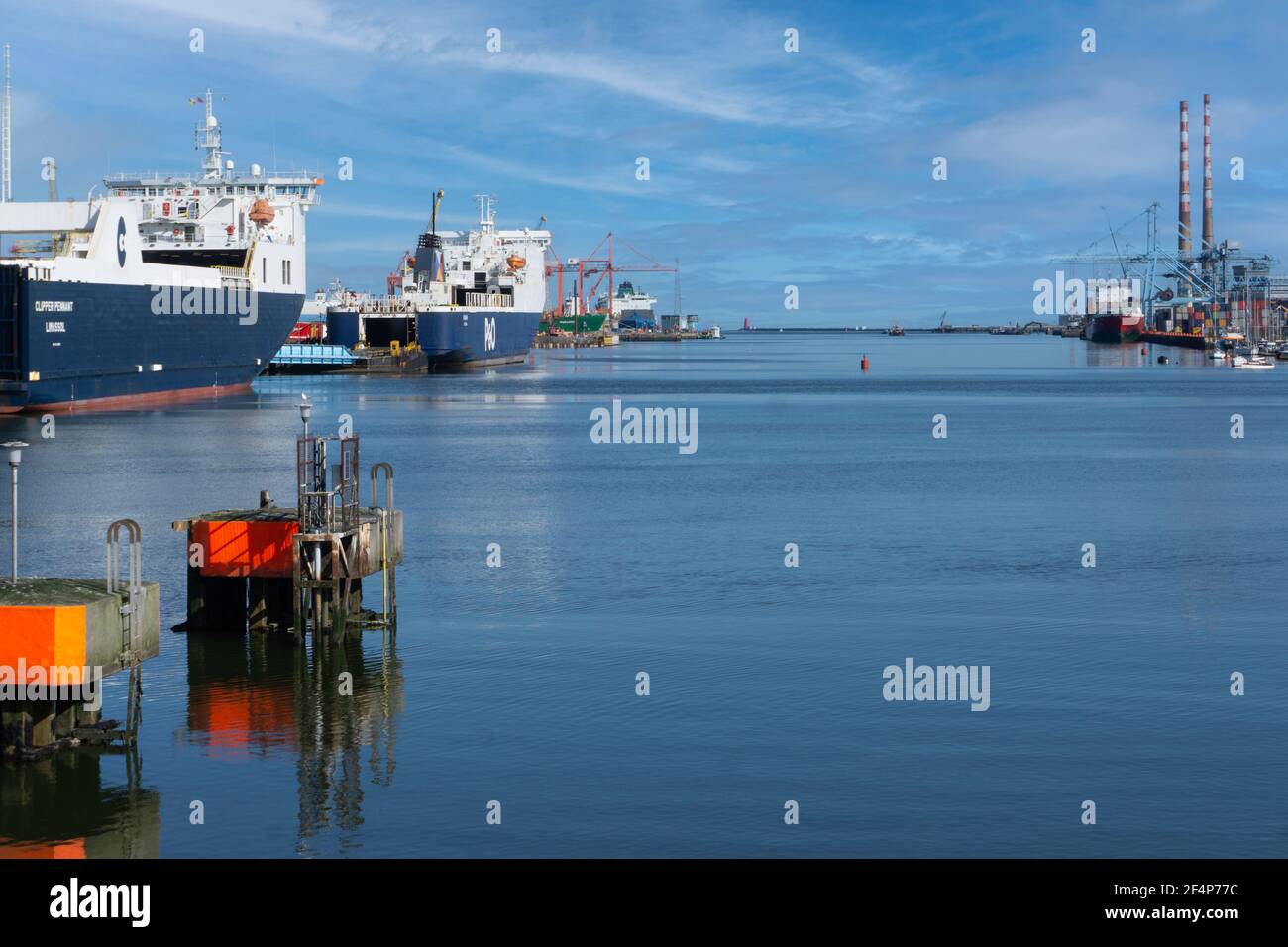 A view of Dublin Port, Ireland, with ships berthed on the left, the ...