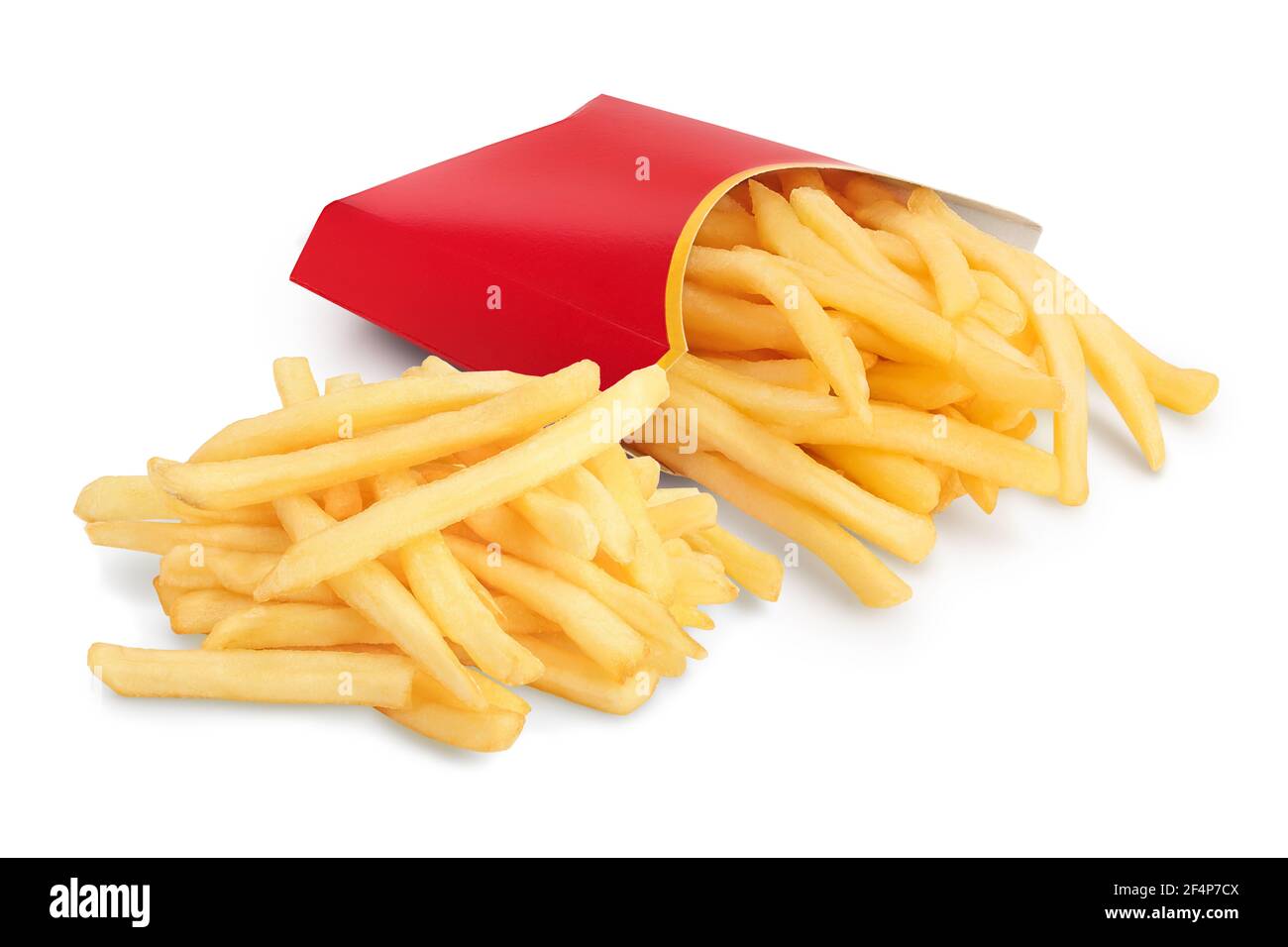 French fries or fried potatoes in a red carton box isolated on white ...
